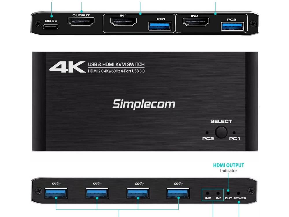 Simplecom KM420 2-Port HDMI KVM Switch HDMI 2.0 4K@60Hz 4-Port USB 3.0 ...