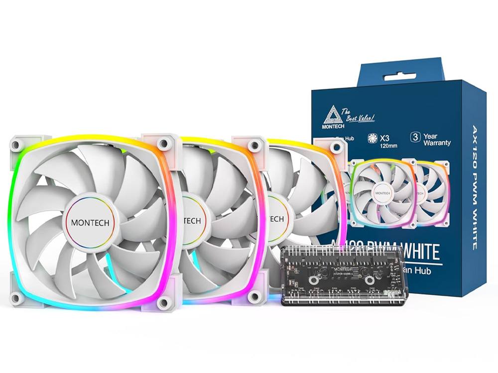 Montech AX120 PWM ARGB 120mm Fan - White (3-Pack) [AX120 PWM White 3 in 1]