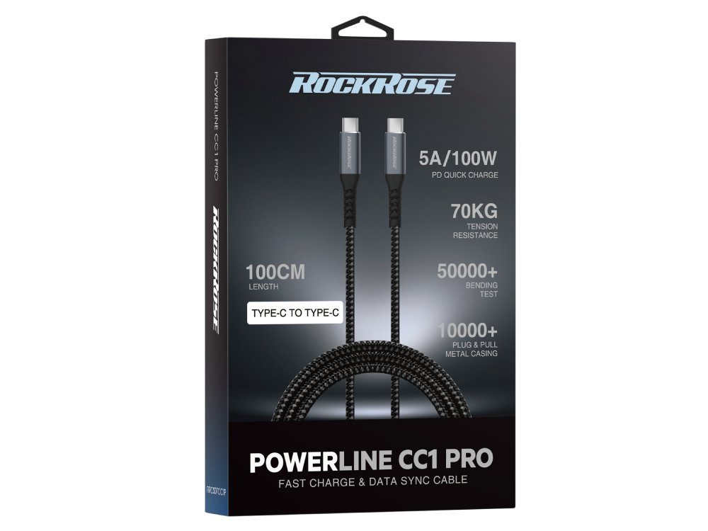 Rockrose Powerline CC1 Pro 3A 100W Max 1m USB-C to USB-C Fast Charge ...