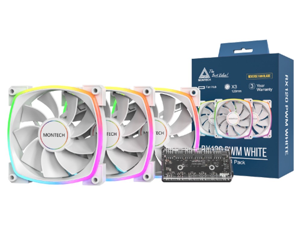 Montech RX120 PWM 120mm ARGB Reverse Fan - White (3-Pack) [RX120 3 in 1 W]
